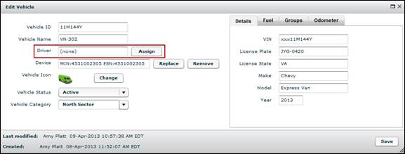 FleetOutlook Help - Assign a Driver to a Vehicle